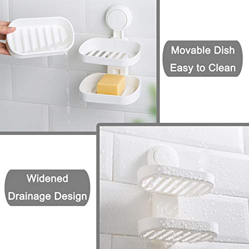 Elebac Double Layer Soap Dished Holder Suction Cup, Soap Bar Holder with Drainage Design for Soap Saver, Wall Mounted Soap Tray for Bathroom Shower, Reusable, Removable, Waterproof, Plastic, White