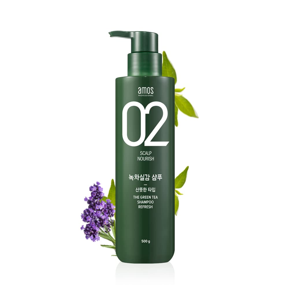 AMOS PROFESSIONAL The Green Tea Shampoo Refresh [For Oily Scalp] 17.6oz (500g) | Anti-Hair Loss Korean Hair Growth Shampoo for Cleanse Excess Sebum