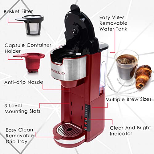 Mixpresso Single Serve 2 in 1 Coffee Brewer K-Cup Pods Compatible & Ground Coffee,Compact Coffee Maker Single Serve With 30 oz Detachable Reservoir, 5 Brew Size and Adjustable Drip Tray (Red)