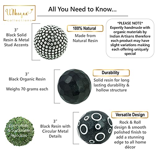 U'Neeque Collections Beautiful Handmade Black Small Decorative Balls for Bowls - Decorative Balls Set of 3”x 3 pcs, Accent Decor Great for Trays & Vases