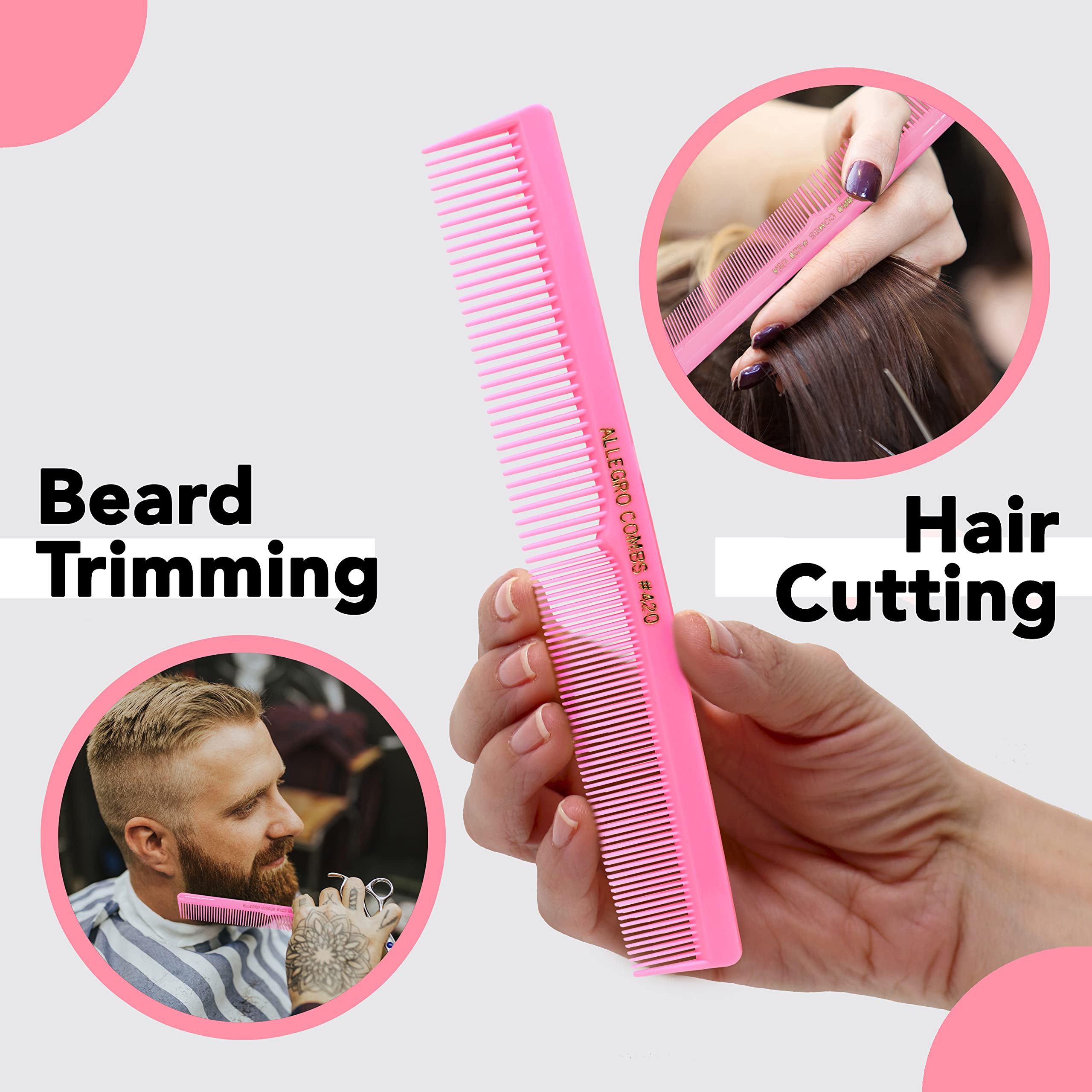 Allegro Combs 420 Hair combs Barber Comb Set Hair Cutting Pocket Styling For Hair Stylist 12 Count (Fresh Pink)