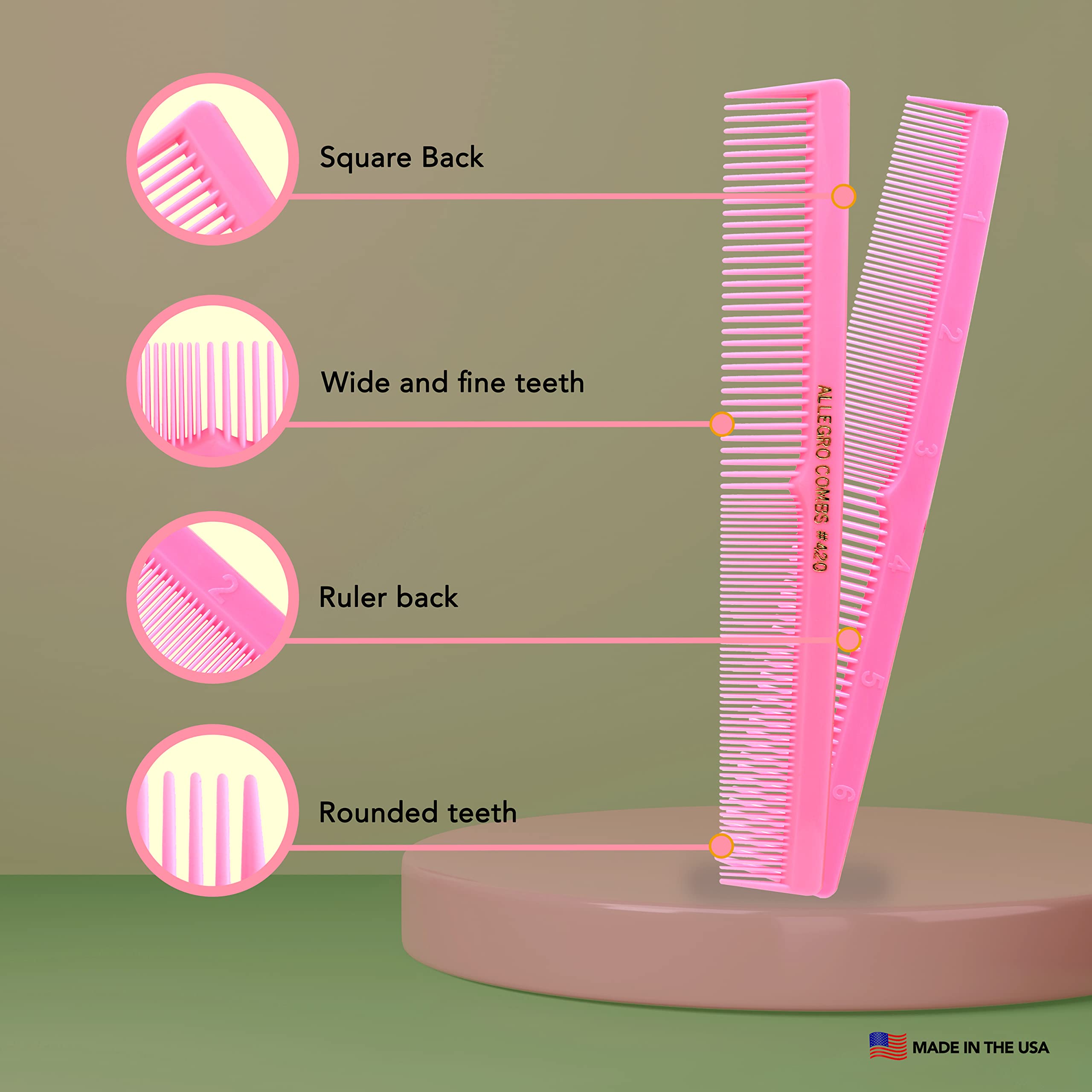 Allegro Combs 420 Hair combs Barber Comb Set Hair Cutting Pocket Styling For Hair Stylist 12 Count (Fresh Pink)