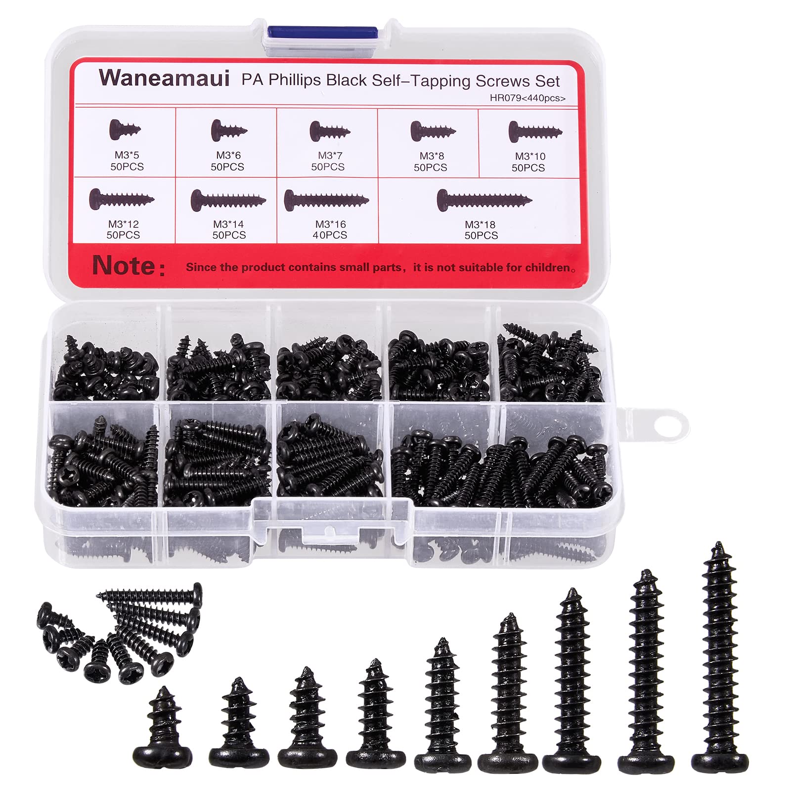 440Pcs M3 Self-Tapping Wood Screw Assortment Kit,M3 5/6/7/8/10/12/14/16/18 Black Phillips Screws Set, Carbon Steel Pan Head Screw for Plastic Wood Soft Metal 9 Types