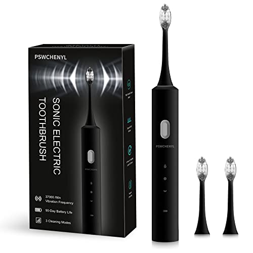 PSWCHENYL Sonic Electric Toothbrush USB Rechargeable with 6 Brush Heads 3 Modes with 2 Minutes Build in Smart Timer for Adults and Kids, One Charge for 60 Days IPX7 Waterproof Cleaning(Black)