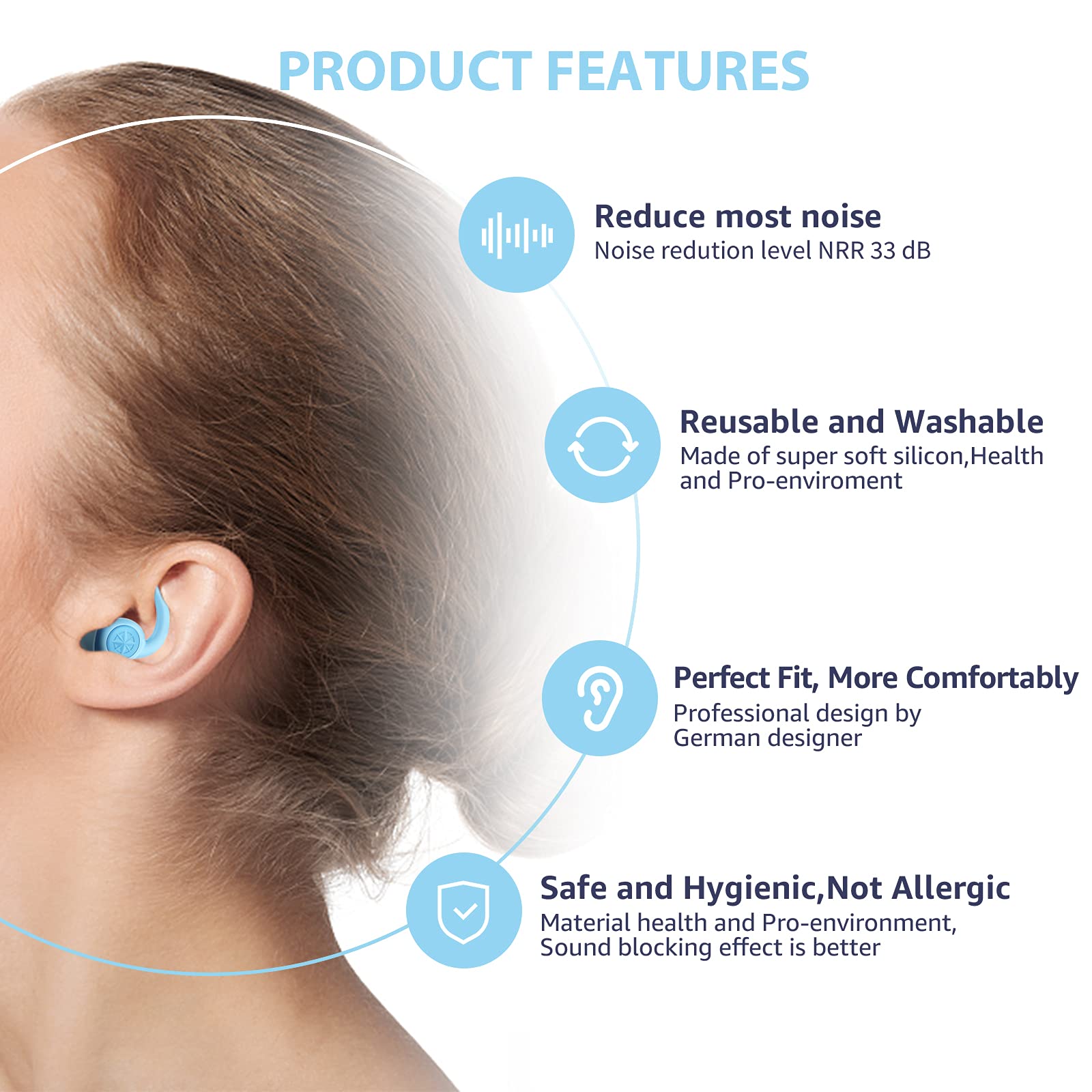 Silicone Ear Plugs for Sleeping - BUENSUENO 2 Pairs Reusable Washable Earplugs for Sleep, Work,Swimming, for Noise Cancelling, Sound Blocking Sleeping, Concert (Light Blue Star)…