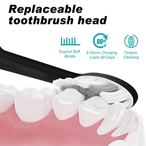PSWCHENYL Sonic Electric Toothbrush USB Rechargeable with 6 Brush Heads 3 Modes with 2 Minutes Build in Smart Timer for Adults and Kids, One Charge for 60 Days IPX7 Waterproof Cleaning(Black)