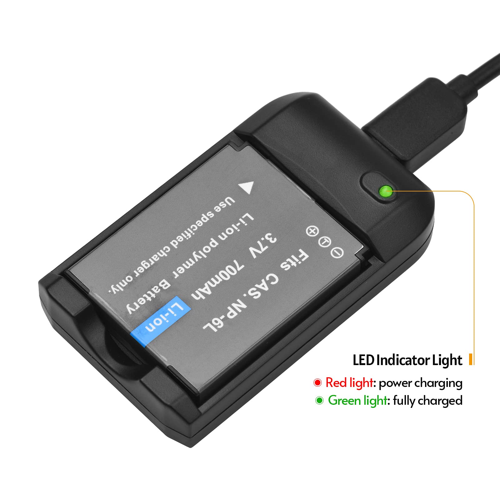 Andoer NP-6L Battery Charger with LED Indicator Light + 2pcs NP-6L Batteries 3.7V 700mAh with USB Charging Cable