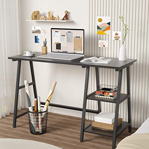 Foxemart Trestle Computer Desk 47 Inch Study Writing Home Office Desk with Storage Shelves, 2-Tier 47β Modern Sturdy PC Laptop Gaming Desk, Multifunctional Wooden Work Table, Black