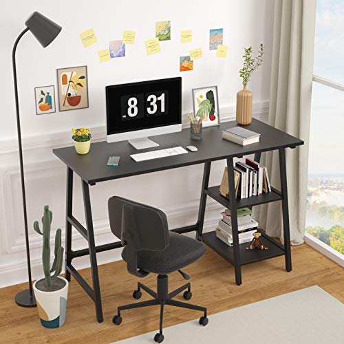Foxemart Trestle Computer Desk 47 Inch Study Writing Home Office Desk with Storage Shelves, 2-Tier 47β Modern Sturdy PC Laptop Gaming Desk, Multifunctional Wooden Work Table, Black