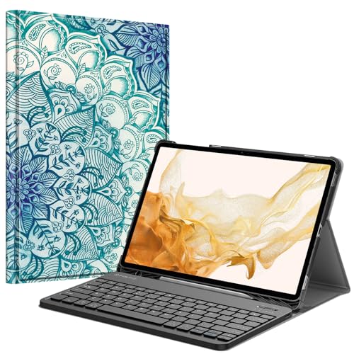 Fintie Keyboard Case for Samsung Galaxy Tab S8 Plus 2022/S7 FE 2021/S7 Plus 2020 12.4 Inch with S Pen Holder, Slim Stand Cover Detachable Wireless Bluetooth Keyboard, Emerald Illusions