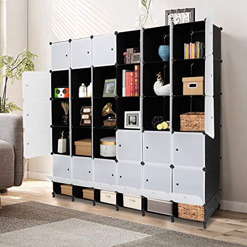 VINGLI Cube Storage Organizer, Plastic Closet Cabinet, DIY Plastic Modular Book Shelf Unit, Cube Shelves with Doors and Hanging Rods, White 30 Cubes