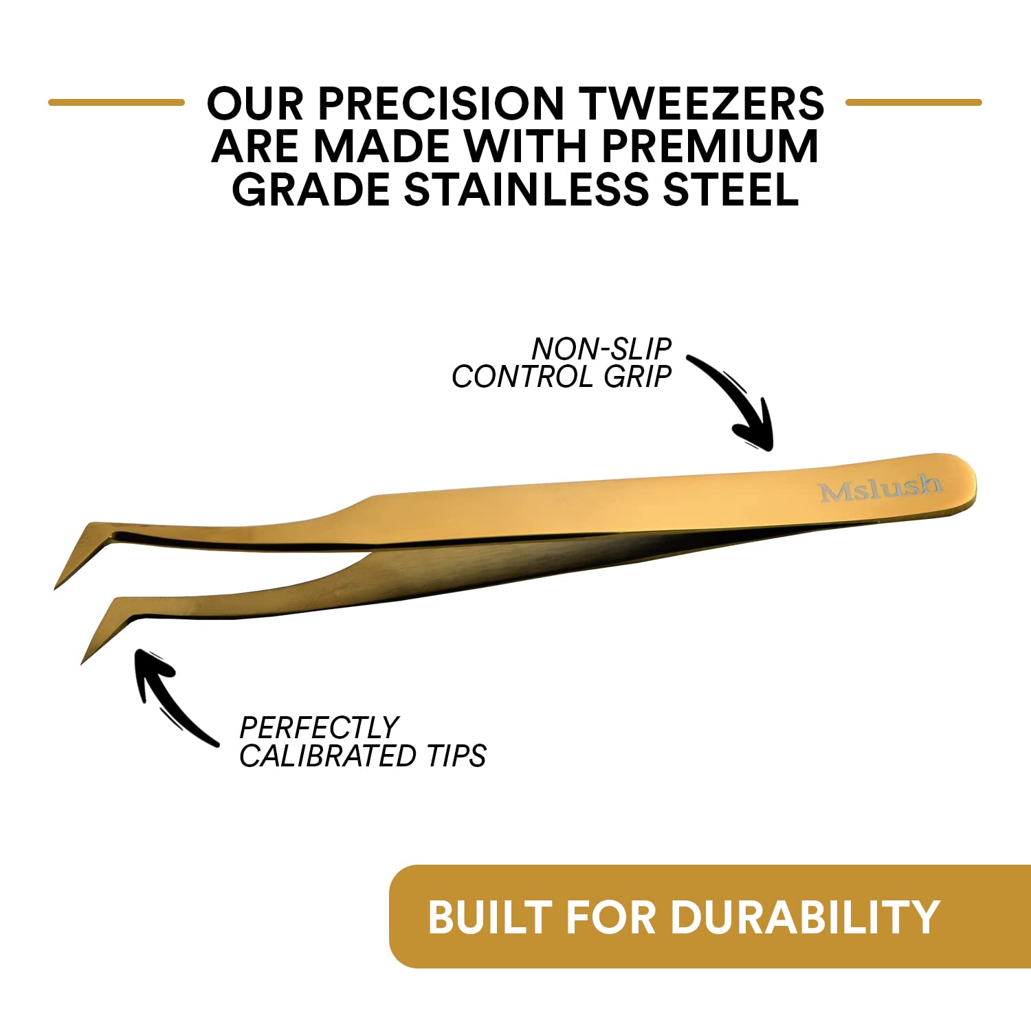 Volume Lashes Tweezers for Eyelash Extensions with High Precision Stainless Steel Gold Eyelash Extension Tweezers Mega L Curved Angled Tip Lash Extension Tweezers with Synthetic Leather Pouch