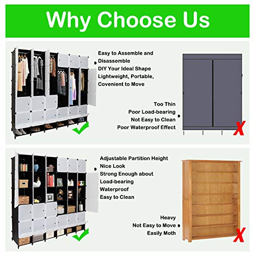 VINGLI Cube Storage Organizer, Plastic Closet Cabinet, DIY Plastic Modular Book Shelf Unit, Cube Shelves with Doors and Hanging Rods, White 30 Cubes