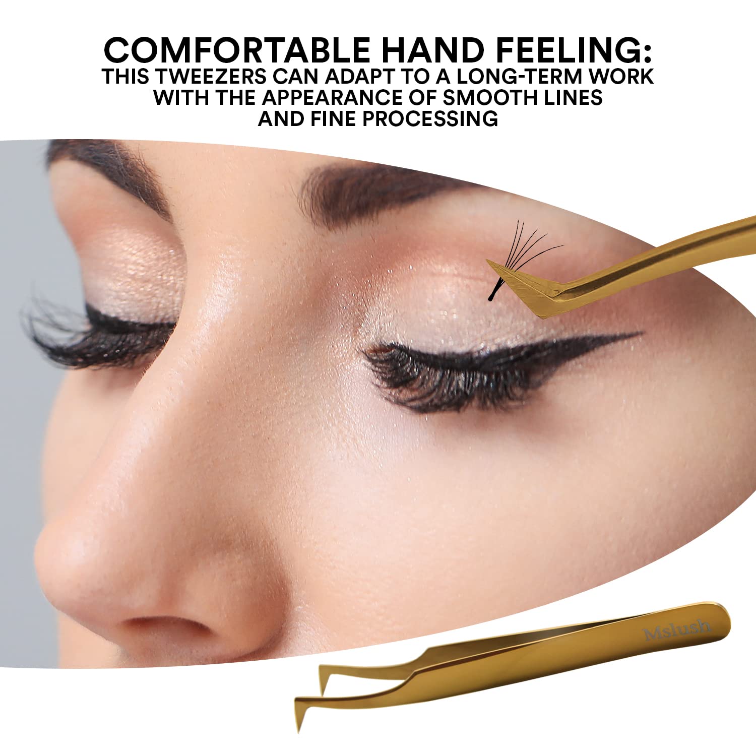 Volume Lashes Tweezers for Eyelash Extensions with High Precision Stainless Steel Gold Eyelash Extension Tweezers Mega L Curved Angled Tip Lash Extension Tweezers with Synthetic Leather Pouch