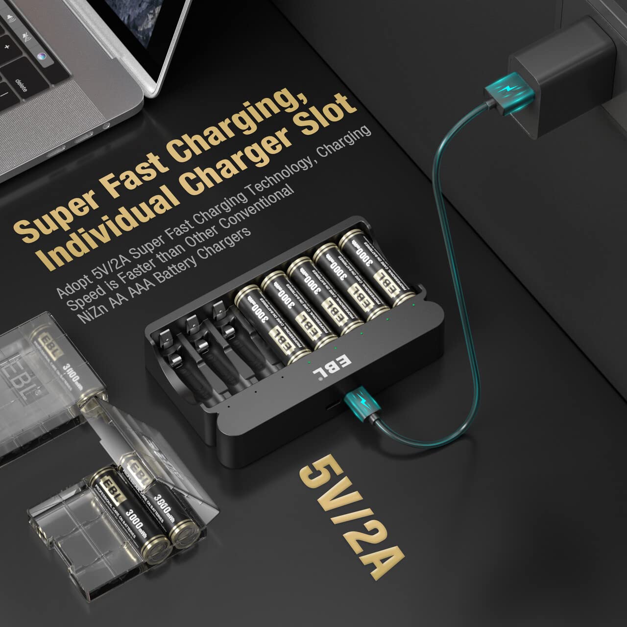 EBL 8 Pack Rechargeable AA Batteries Ni-Zn 3000mWh with 8 Bay Ni-Zn Battery Charger - 1.6V Double A Battery High Performence Battery and AA AAA Ni-Zn Battery Charger