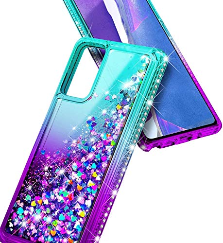 NZND Case for Samsung Galaxy A02S with Tempered Glass Screen Protector (Full Coverage), Sparkle Glitter Flowing Liquid Shiny Bling Diamond, Women Girls Cute Phone Case (Aqua/Purple)