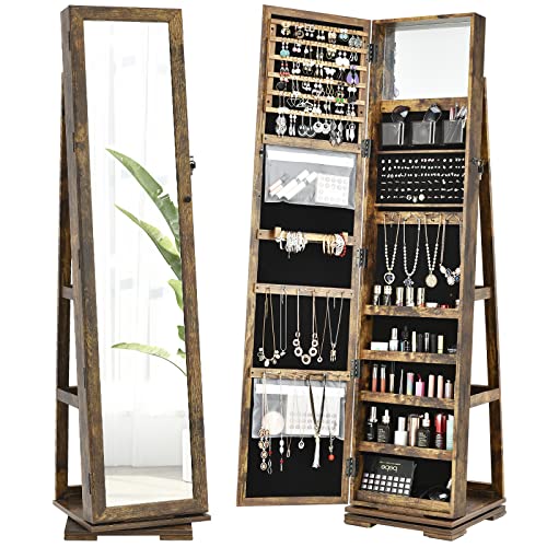 CHARMAID 360Β° Rotating Jewelry Armoire with Higher Full Length Mirror, Standing Lockable Jewelry Cabinet Organizer, Large Storage Capacity, Inside Makeup Mirror, Rear Storage Shelves (Rustic Brown)