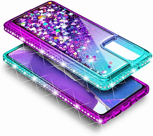 NZND Case for Samsung Galaxy A02S with Tempered Glass Screen Protector (Full Coverage), Sparkle Glitter Flowing Liquid Shiny Bling Diamond, Women Girls Cute Phone Case (Aqua/Purple)