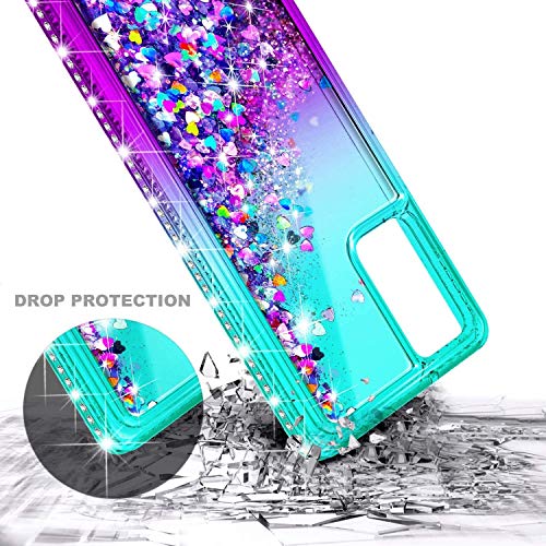 NZND Case for Samsung Galaxy A02S with Tempered Glass Screen Protector (Full Coverage), Sparkle Glitter Flowing Liquid Shiny Bling Diamond, Women Girls Cute Phone Case (Aqua/Purple)