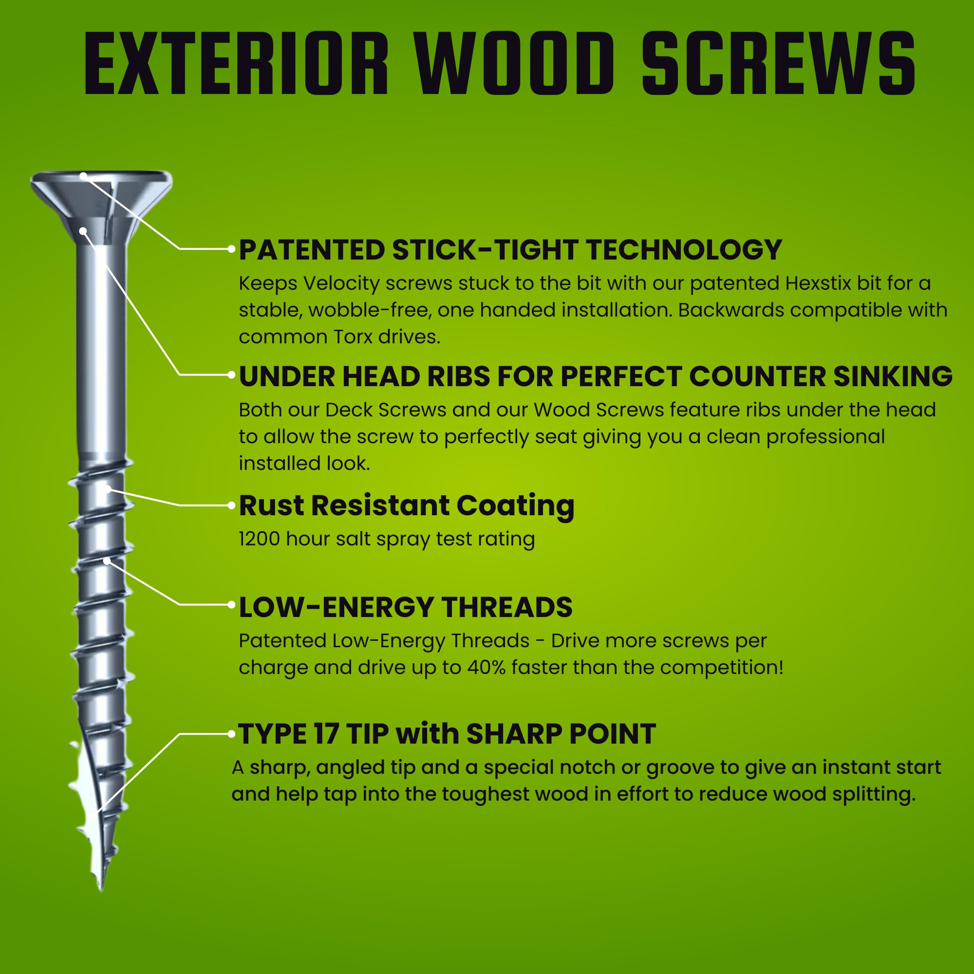 Velocity Long Length Exterior 7 Inch Wood Screws - T25 Torx Bits (Size #12) – Rust Resistant Long Wood Screw Set with Stick Tight Hexstix Driver Bit, (25 Count)