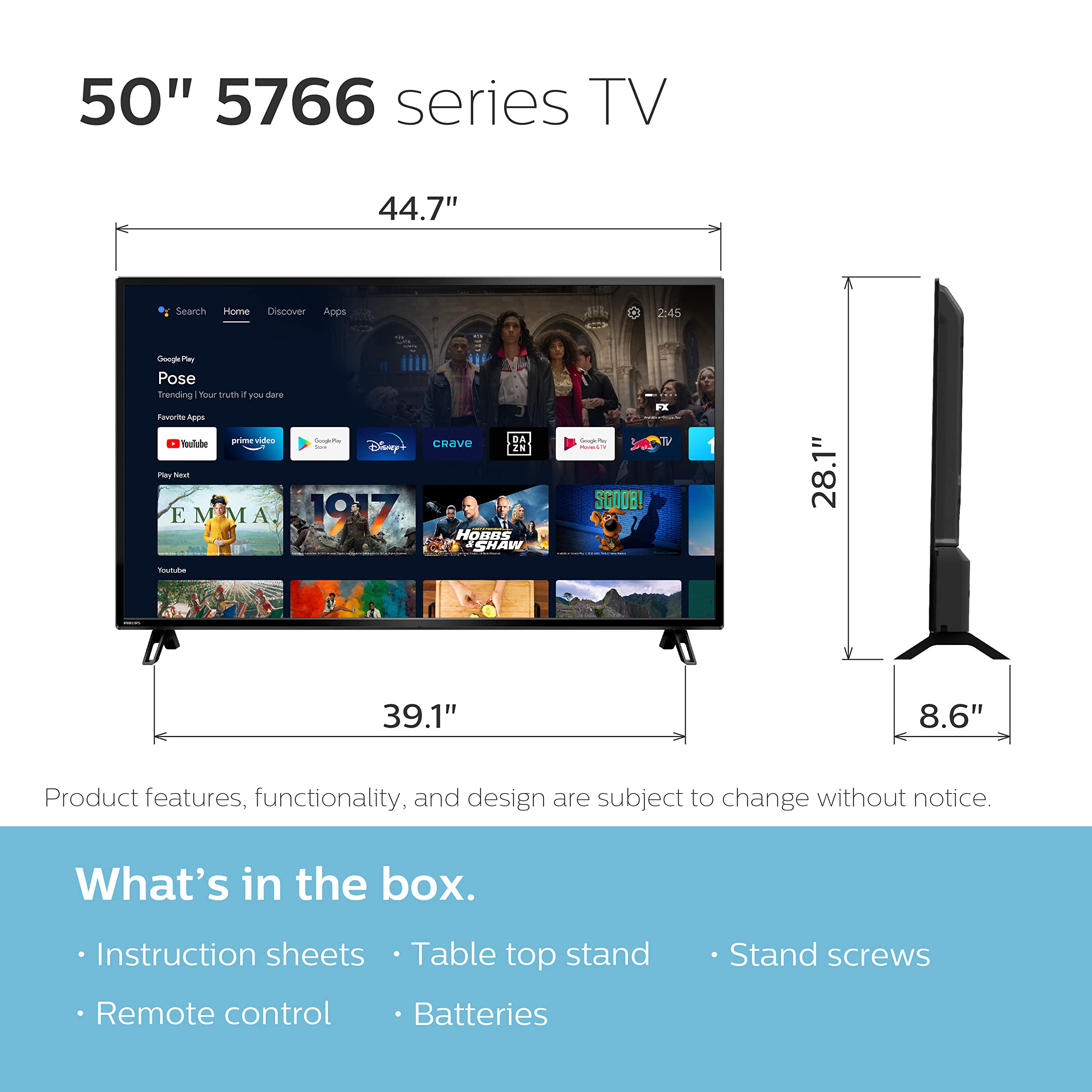 PHILIPS 50" Class 4K Ultra HD Android Smart LED TV with Google Assistant 50PFL5766/F6