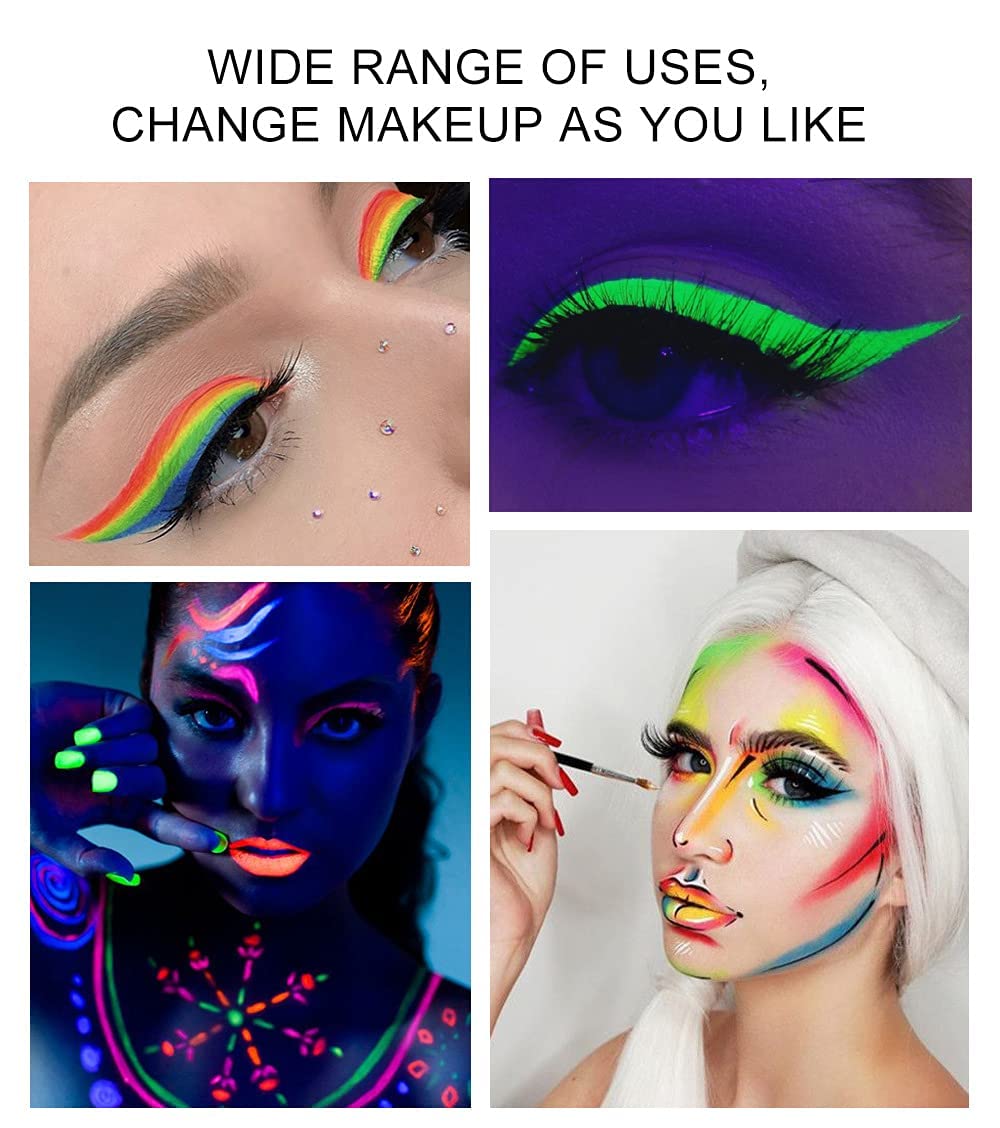 2 Pack Neon Makeup Palette Set Rainbow Colorful UV Body Paint Waterproof Smudgeproof Eyeliner Eyeshadow Face Painting Black Light Glow Fluorescent Kit for Halloween Party Makeup