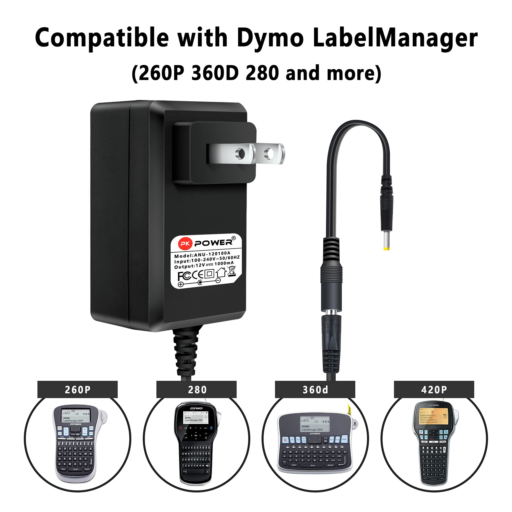 PKPOWER AC Adapter Compatible with Dymo LabelManager 260P 360D 280 1815990, Power Supply for Label Manager LM-280 1754490 420P 1768815 Printer Cord Cable Charger