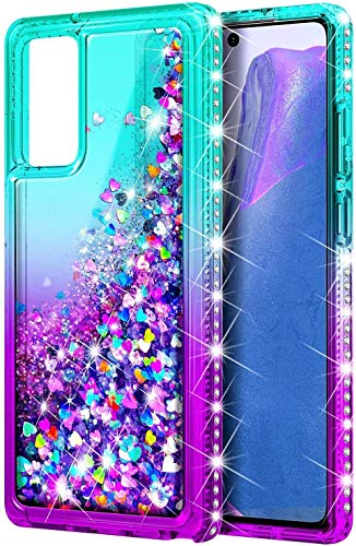 NZND Case for Samsung Galaxy A02S with Tempered Glass Screen Protector (Full Coverage), Sparkle Glitter Flowing Liquid Shiny Bling Diamond, Women Girls Cute Phone Case (Aqua/Purple)