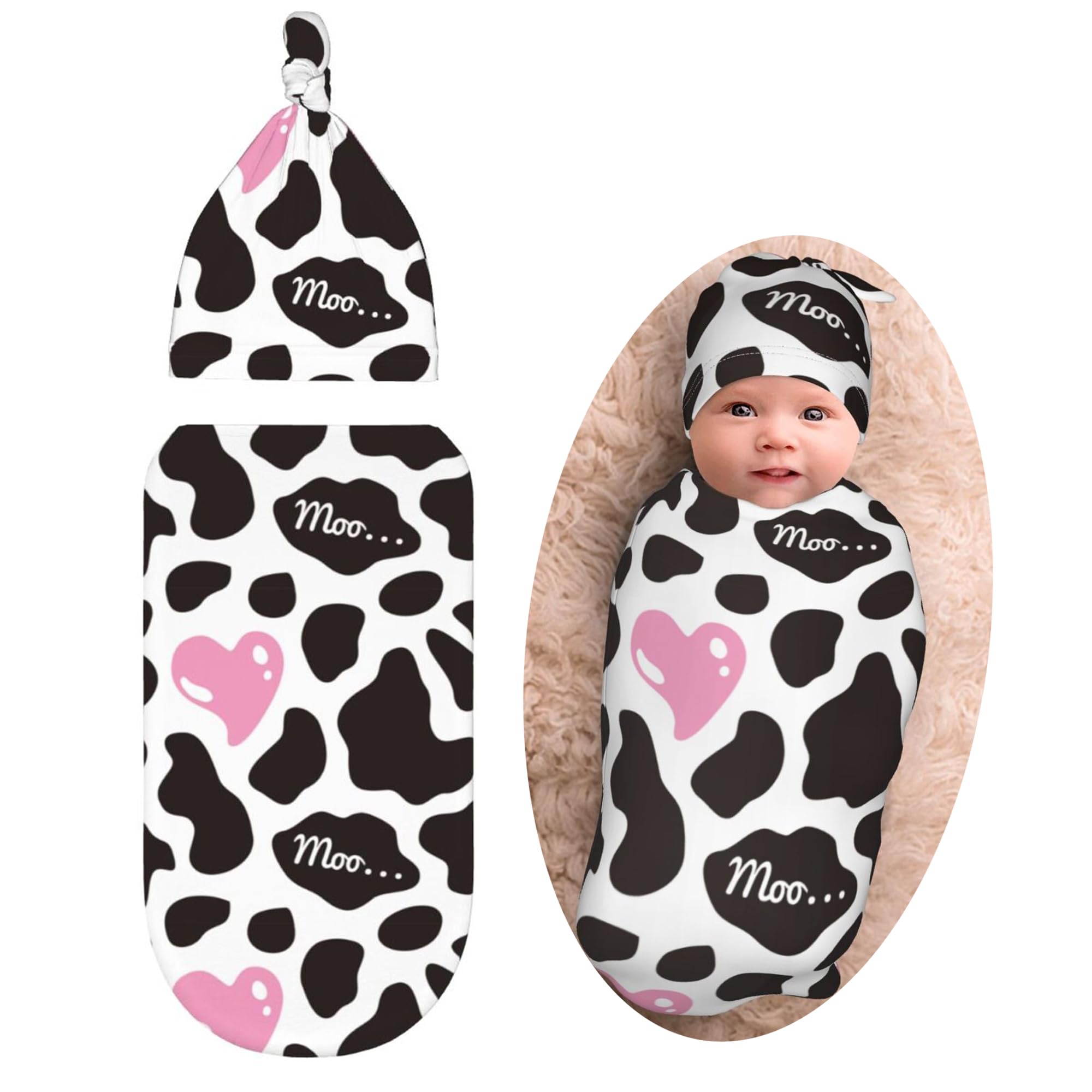 Cow Print Newborn Swaddle Blanket Baby Pink Heart Swaddle Blankets with Beanie Hat Sets Infant Gifts for Boys Girls Soft