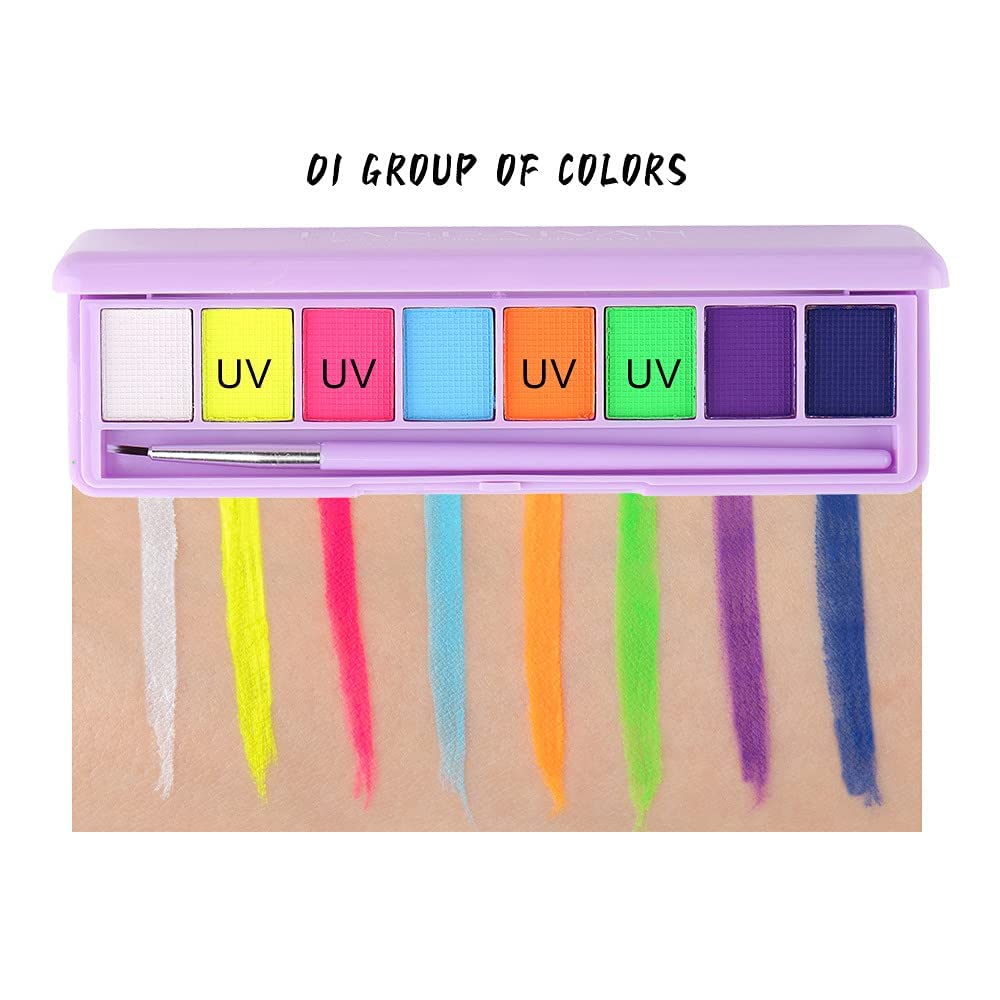 2 Pack Neon Makeup Palette Set Rainbow Colorful UV Body Paint Waterproof Smudgeproof Eyeliner Eyeshadow Face Painting Black Light Glow Fluorescent Kit for Halloween Party Makeup