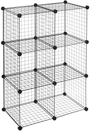 Amazon Basics 6-Cube Wire Grid Storage Shelves, 14" x 14" Stackable Cubes, Black & Amazon Basics Collapsible Fabric Storage Cubes Organizer with Handles, Gray - Pack of 6