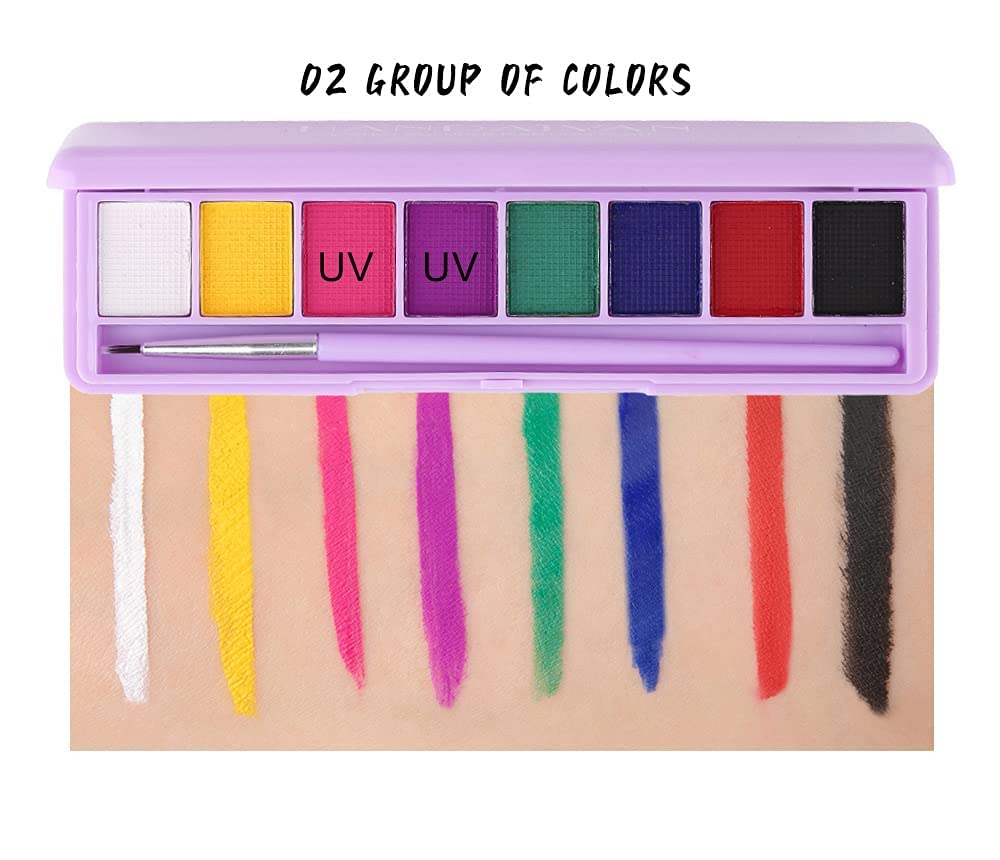 2 Pack Neon Makeup Palette Set Rainbow Colorful UV Body Paint Waterproof Smudgeproof Eyeliner Eyeshadow Face Painting Black Light Glow Fluorescent Kit for Halloween Party Makeup