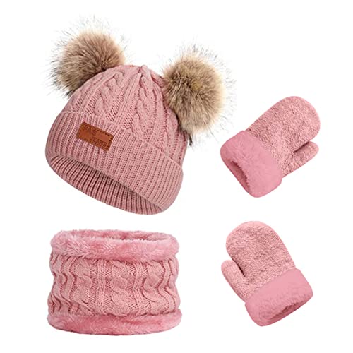 Duoyeree Baby Winter Hat Warm Scarf Gloves Set Pom Knitted Beanie Mitten Scarves for Toddler Girl Boy Pink