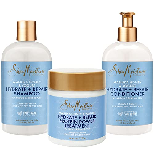 Shea Moisture Shampoo and Conditioner Set 13 Fl Oz Ea Bundled with Protein Power Treatment 8 Fl Oz. Manuka Honey & Yogurt Hydrate + Repair Hair, Vitamin C, Sulfate Free & Hair Color Safe