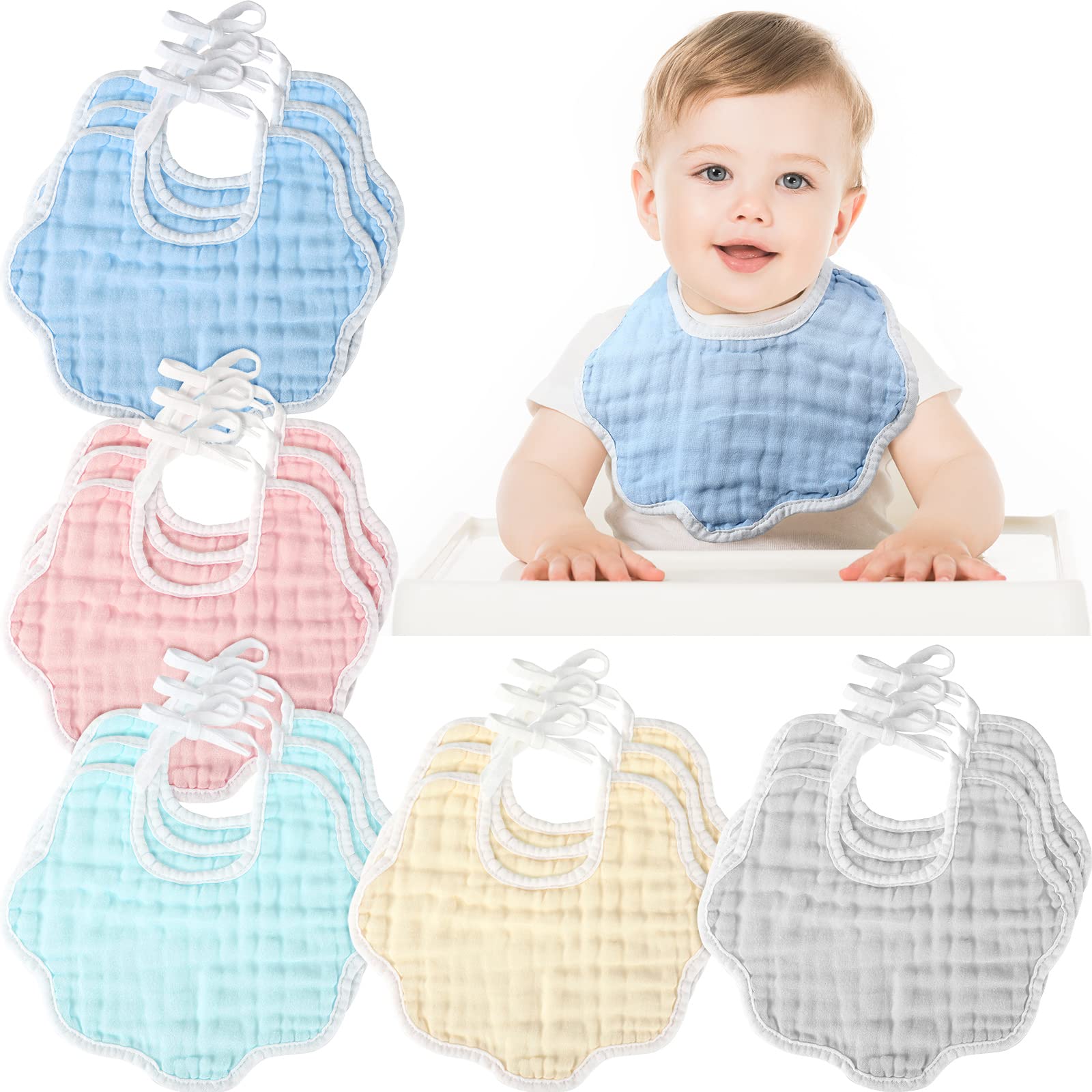Zhanmai 15 Pieces Newborn Bib Baby Bandana Drooling Bibs 8-Layer Muslin Bibs Unisex Soft and Adjustable Absorbent Bibs for 0-12 Months Infant Toddlers Drooling and Teething, 5 Colors