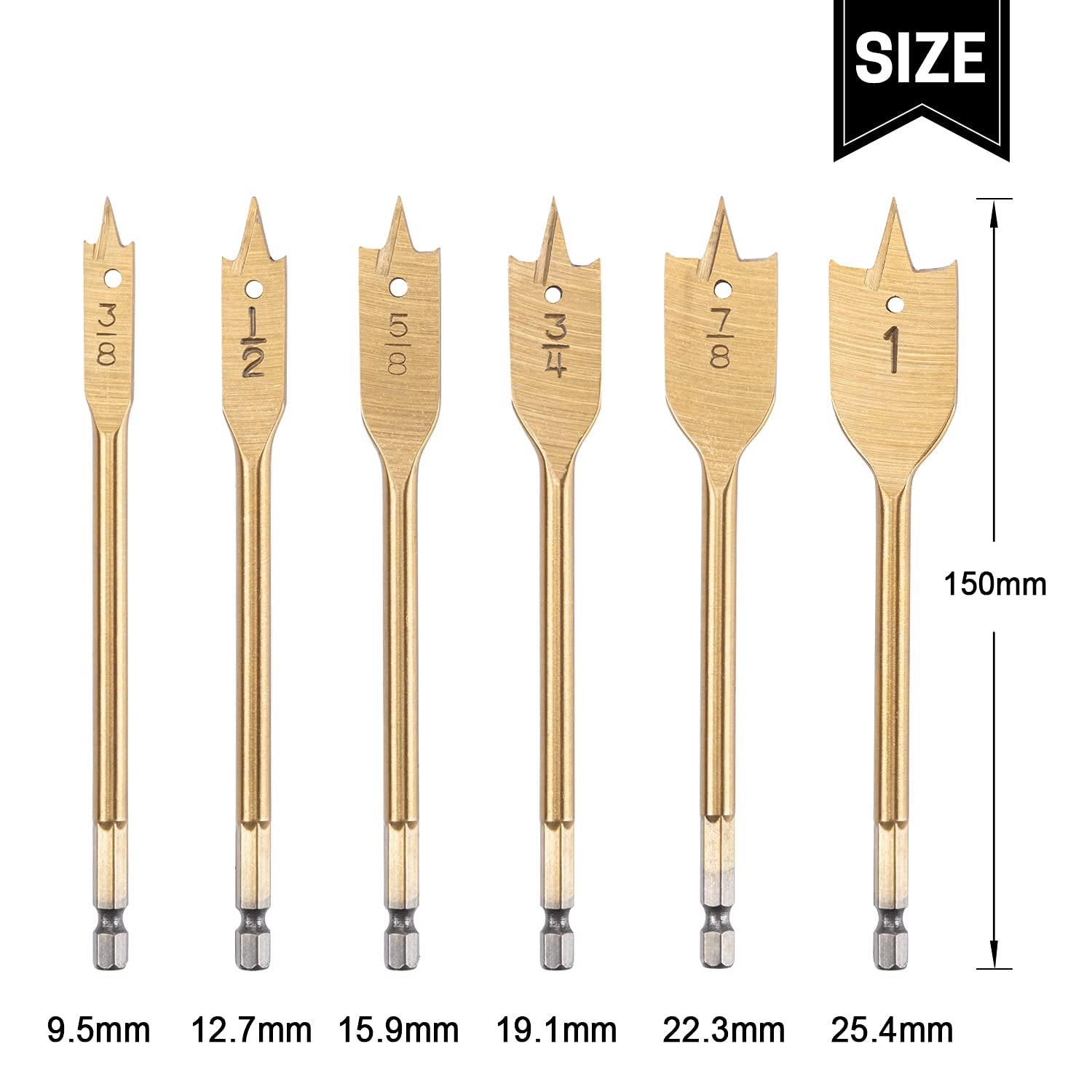 6-Piece Spade Drill Bit Set,Carbon Steel Paddle Flat Bits, for Hole Cutter Woodworking (3/8",1/2", 5/8", 3/4", 7/8", 1")