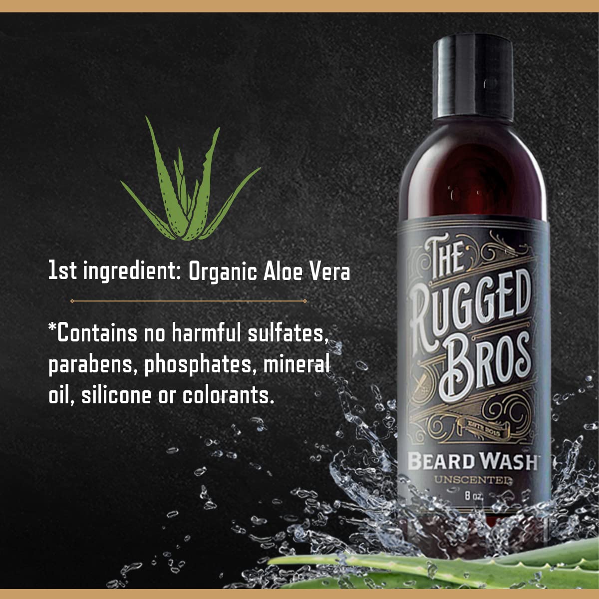 The Rugged Bros Beard Wash Unscented for Face and Beards - Natural Shampoo Made with Organic Aloe Vera Leaf Juice - Cleanses Facial Oil and Dirt While Softening and Moisturizing