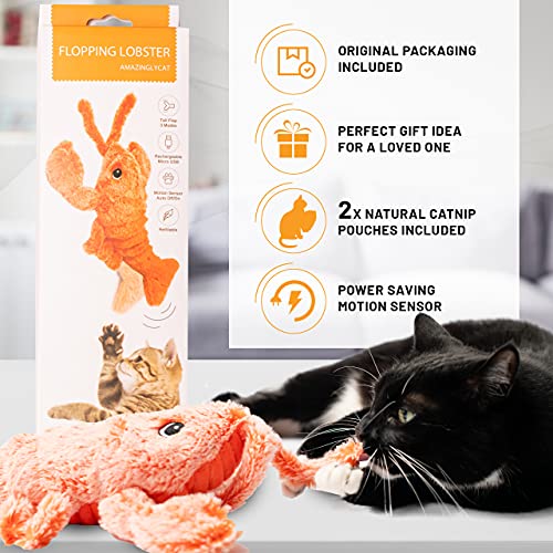 Flopping Lobster Toy for Cats & Small Dogs β Motion Activated Moving Cat Toy with 2 Catnip Packets β USB-Chargeable, Soft, Durable, Washable, Low-Noise Floppy Lobster Cat Nip Toy Gift, 11x4 In.