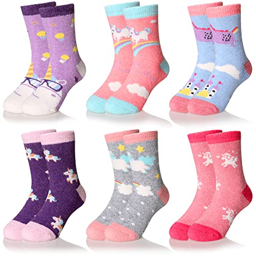 Velice Kids Merino Wool Hiking Socks Toddler Boys Girls Winter Warm Thermal Thick Cushion Crew Boot Socks 6 Pairs (Unicorn C, 1-3T)