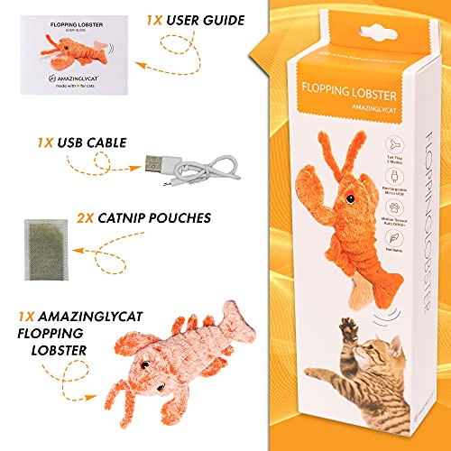 Flopping Lobster Toy for Cats & Small Dogs β Motion Activated Moving Cat Toy with 2 Catnip Packets β USB-Chargeable, Soft, Durable, Washable, Low-Noise Floppy Lobster Cat Nip Toy Gift, 11x4 In.
