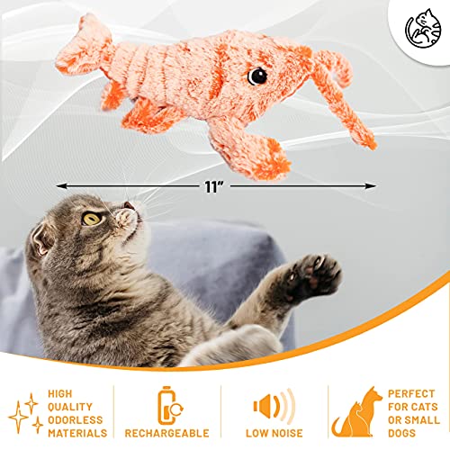 Flopping Lobster Toy for Cats & Small Dogs β Motion Activated Moving Cat Toy with 2 Catnip Packets β USB-Chargeable, Soft, Durable, Washable, Low-Noise Floppy Lobster Cat Nip Toy Gift, 11x4 In.