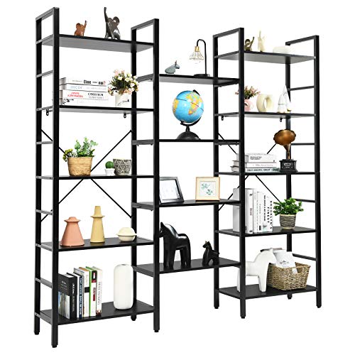 Tangkula Triple Wide 5-Tier Bookcase, Large Open Bookshelf, Display & Storage Shelf, Vintage Industrial Style Shelves with Metal Frame, Bookcase Furniture for Living Room, Study, Office (Black)