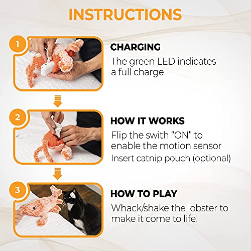Flopping Lobster Toy for Cats & Small Dogs β Motion Activated Moving Cat Toy with 2 Catnip Packets β USB-Chargeable, Soft, Durable, Washable, Low-Noise Floppy Lobster Cat Nip Toy Gift, 11x4 In.