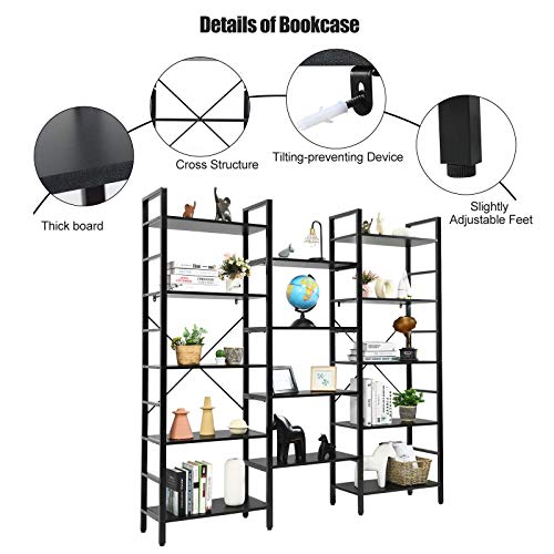 Tangkula Triple Wide 5-Tier Bookcase, Large Open Bookshelf, Display & Storage Shelf, Vintage Industrial Style Shelves with Metal Frame, Bookcase Furniture for Living Room, Study, Office (Black)