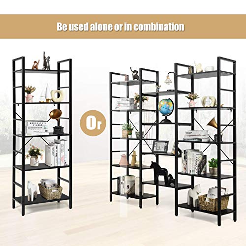 Tangkula Triple Wide 5-Tier Bookcase, Large Open Bookshelf, Display & Storage Shelf, Vintage Industrial Style Shelves with Metal Frame, Bookcase Furniture for Living Room, Study, Office (Black)