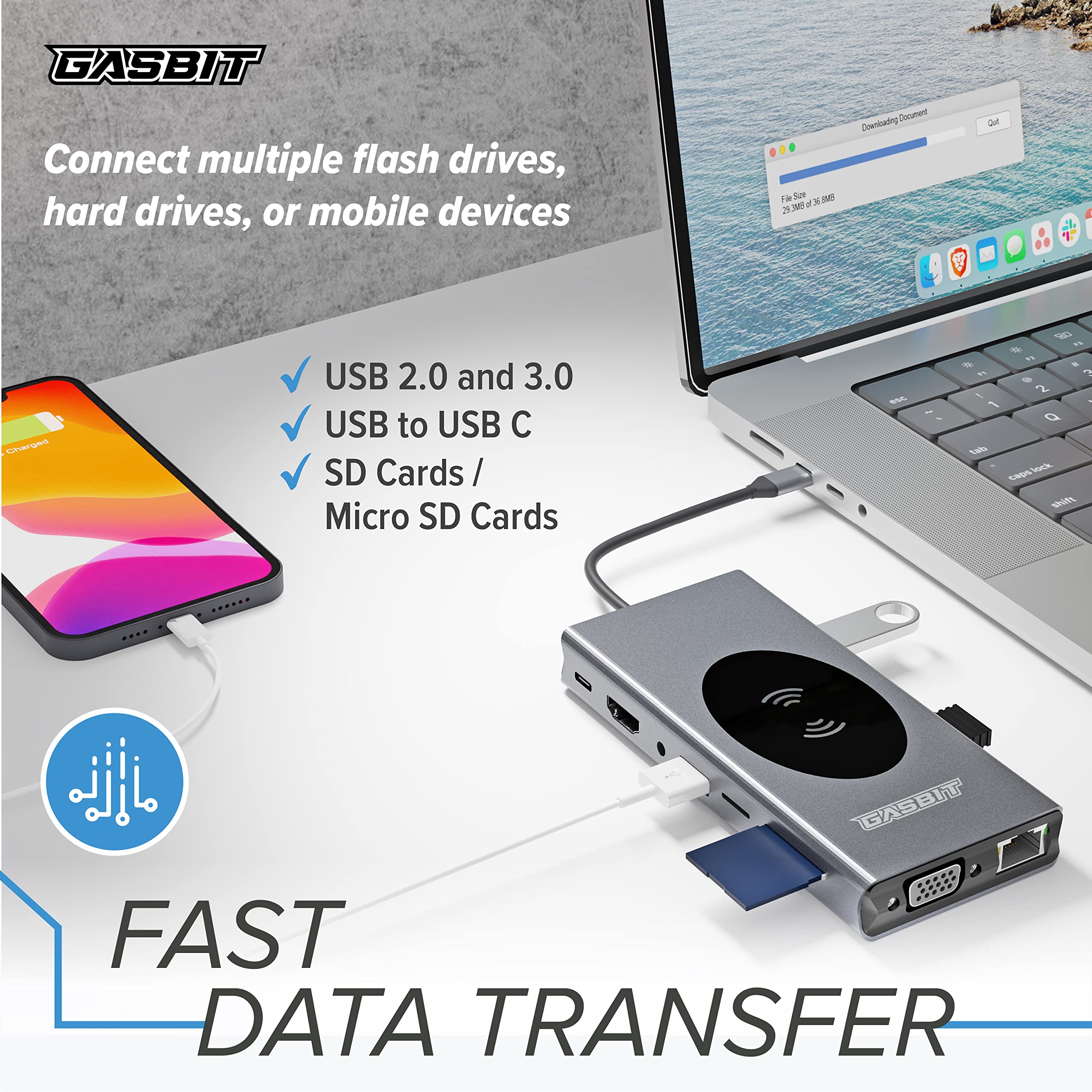 Docking Station USB-C Dual Monitor 15 in 1 for MacBook Pro/Air/Dell/Lenovo/HP. with Wireless Phone Charger. Dongle to 4K HDMI. VGA, SD/Micro SD Card Reader. Ethernet. 1 USB-C-PD. Audio Jack.