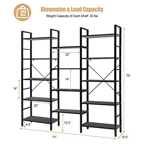 Tangkula Triple Wide 5-Tier Bookcase, Large Open Bookshelf, Display & Storage Shelf, Vintage Industrial Style Shelves with Metal Frame, Bookcase Furniture for Living Room, Study, Office (Black)