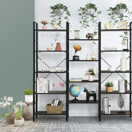 Tangkula Triple Wide 5-Tier Bookcase, Large Open Bookshelf, Display & Storage Shelf, Vintage Industrial Style Shelves with Metal Frame, Bookcase Furniture for Living Room, Study, Office (Black)