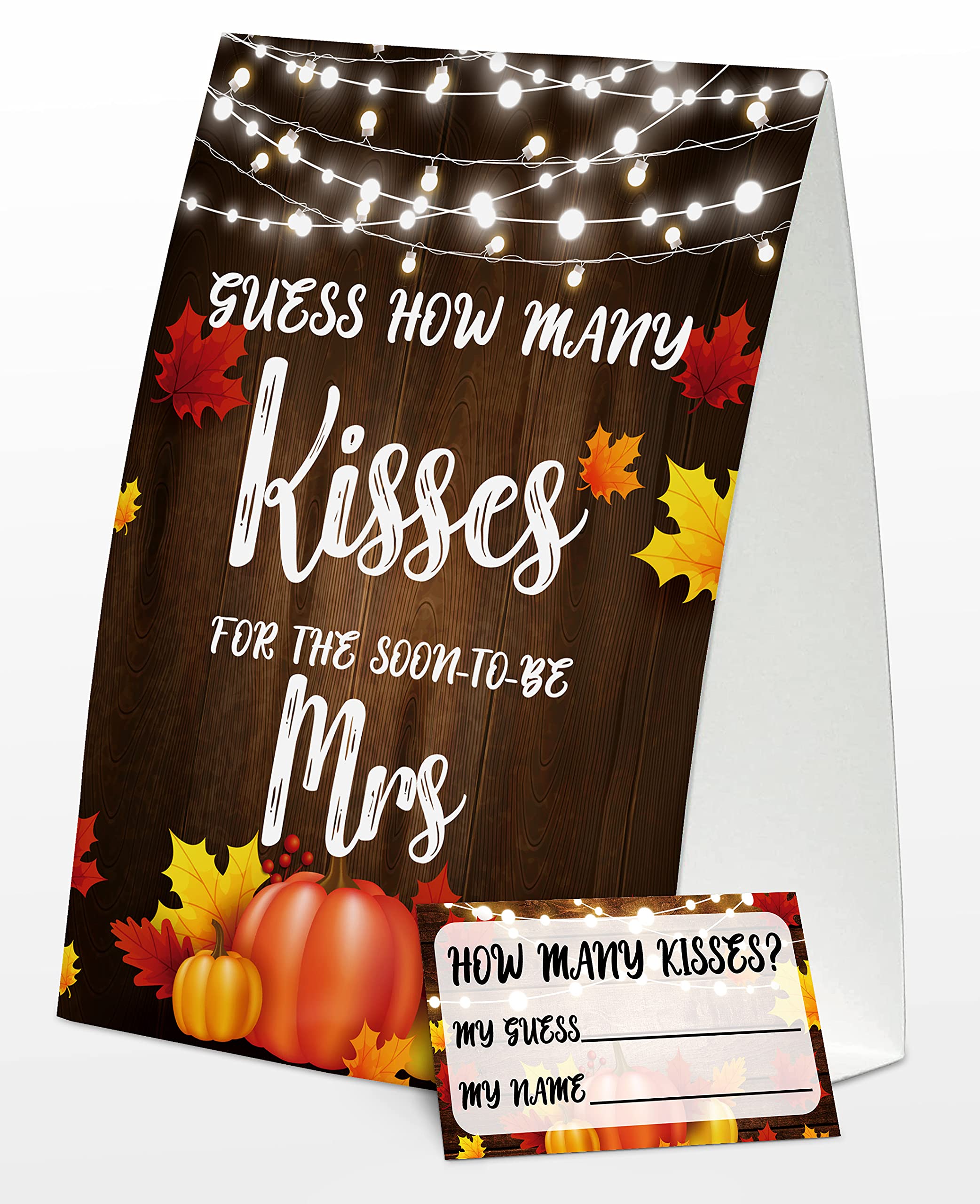 Guess How Many Kisses Bridal Shower Game, Game Kit (1 Standing Sign + 50 cards), (Wood Pattern Fall Pumpkin Maples Leaves) Bridal Shower Party Game, (A047-Kiss)