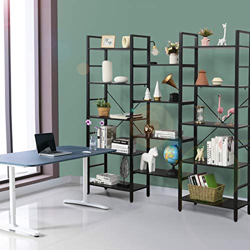 Tangkula Triple Wide 5-Tier Bookcase, Large Open Bookshelf, Display & Storage Shelf, Vintage Industrial Style Shelves with Metal Frame, Bookcase Furniture for Living Room, Study, Office (Black)